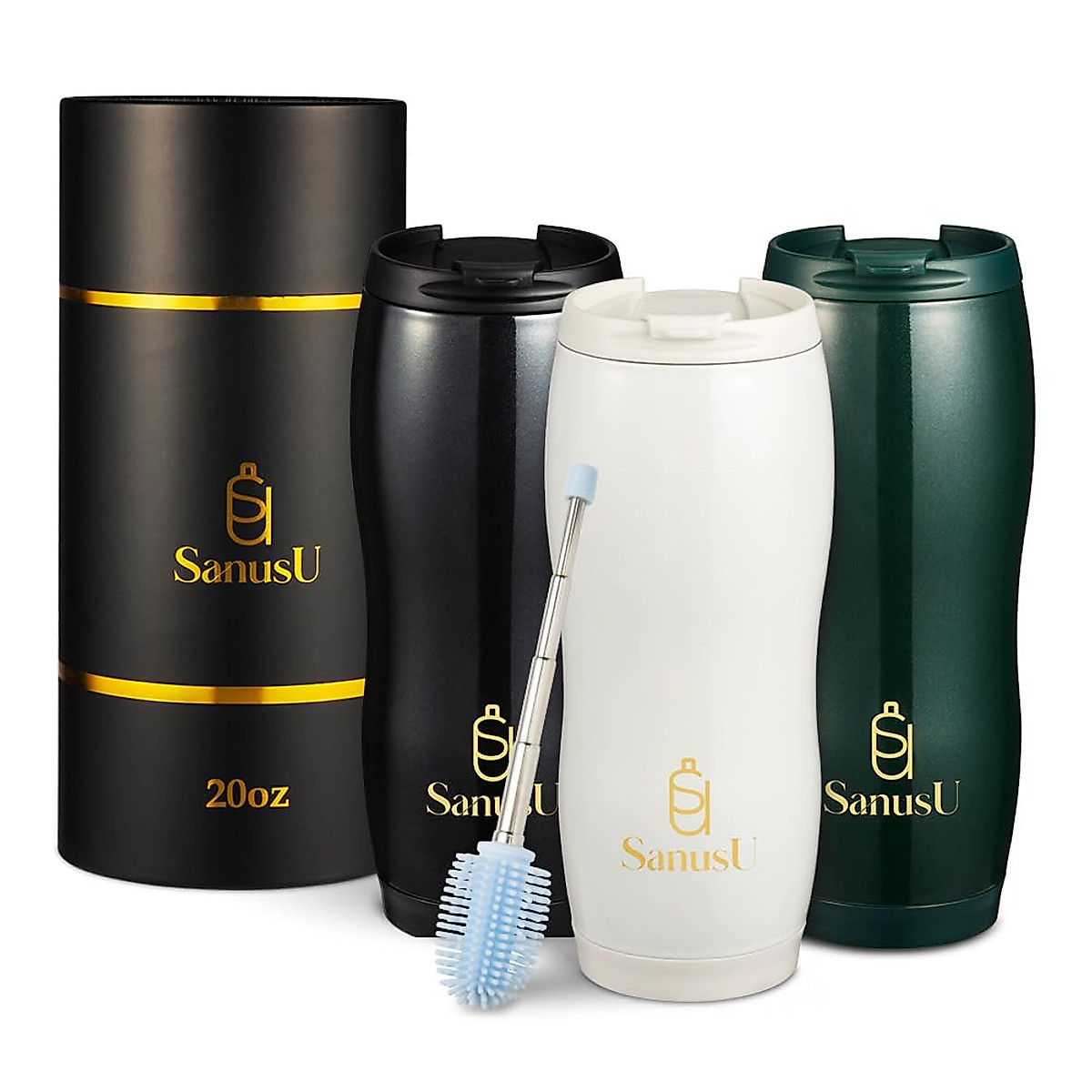 Stainless Steel Insulated Tumbler 20oz - Leak Proof, Double Wall Vacuum Insulation, Built-in Cleaning Tools, Durable, Corrosion-Proof (Black)