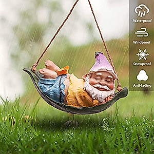 TERESA'S COLLECTIONS Cute Garden Gnomes Decorations for Yard Hanging Statues Outdoor Gifts, Sleepy Gnome in Swing Leaf Hammock Resin Tree Ornaments Figurines for Stump Branch Lawn Patio Decor, 7.5"
