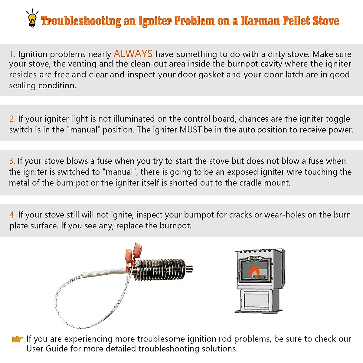 YAOAWE Pellet Stove Igniter Parts Replacement for Harman Stoves, 306W Ignitor Hod Rod Replacement Part Models 3-20-677200, 3-20-06783, 1-10-06620.