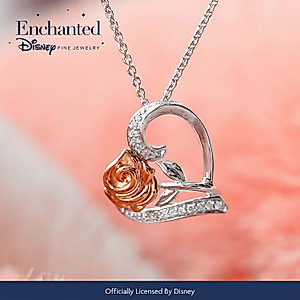 Jewelili Disney Princess Belle Inspired Rose Pendant Necklace with 1/10 CTTW Diamond in 14K Rose Gold over Sterling Silver Enchanted Disney Fine Jewelry