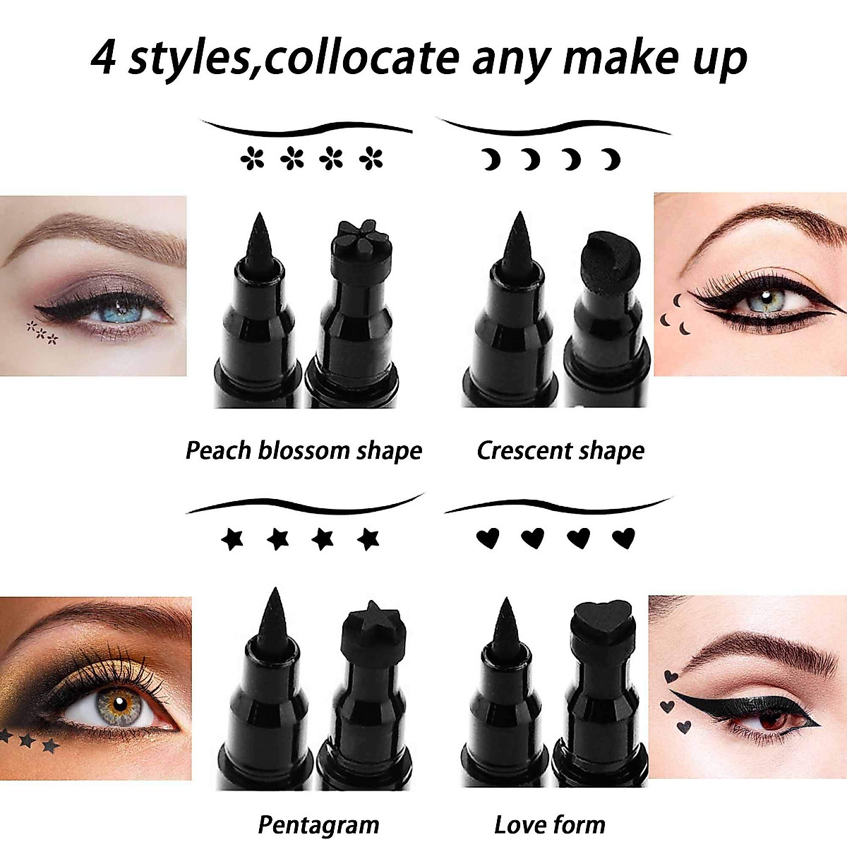 ALINICE Double-sided Liquid Stamp Eyeliner Pen, Two colors Pencil with Eye Makeup Stamp Waterproof Double Sided Long Lasting Seal Eyeliner, Heart,Star,Moon,Flower (4PCS)