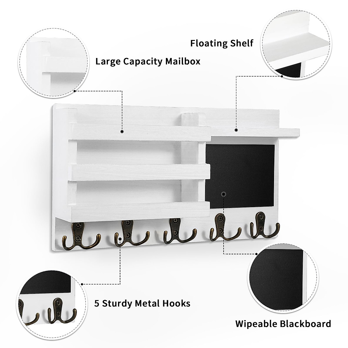 HRONRAD Key and Mail Holder for Wall, Farmhouse Wall Mounted Key Hooks with Floating Shelf,Wooden Hanging Key Organizer Storage, 5 Double Hooks and Blackboard for Entryway (White)
