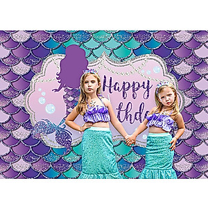 Maijoeyy 7x5ft Mermaid Birthday Backdrop Glitter Blue Purple Mermaid Scales Photography Background Under The Sea Mermaid Princess Birthday Party Banner Decorations