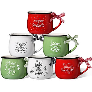 Sawysine Christmas Coffee Mugs Set of 6, 12 oz Ceramic Mug Gift Holiday Hot Cocoa for Mom Woman Family Friend Farmhouse Tiered Tray Decor Bar