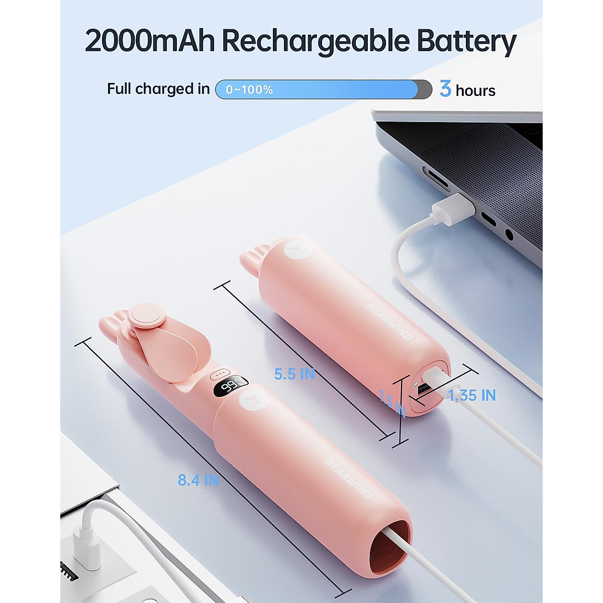 Bearwind Portable Handheld Fan, Personal Mini Travel Fan - Hand Held Fan, 2 Speed, LED Display, USB Rechargeable, Cute Lash Eyelash Pocket Fan