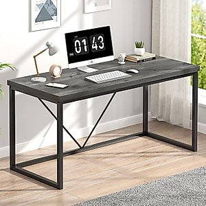 EXCEFUR 55 inch Computer Desk, Vintage Work Desk for Home Office, Rustic Wood and Metal Study Writing Table, Grey