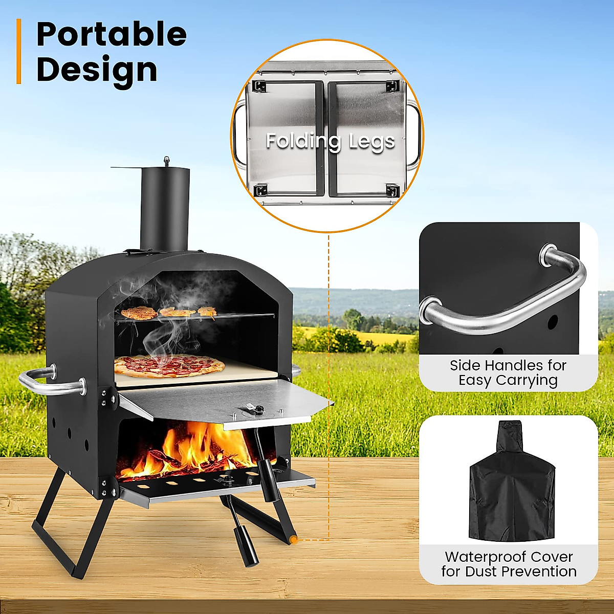 PETSITE Pizza Oven Outdoor, Wood Pellet Fired Pizza Oven with 12 Inches Pizza Stone & Waterproof Cover, 2-Tier Design Portable Stainless Steel Grill Pizza Maker for Outside Backyard Party