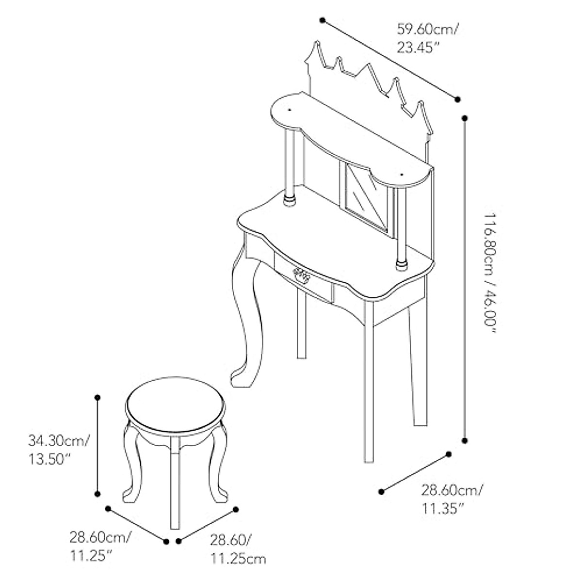 Teamson Kids Dreamland Princess Play Vanity Set with Mirror, Shelf, Storage Drawer, Stool, and Accessories for 12" Dolls, White an Pink