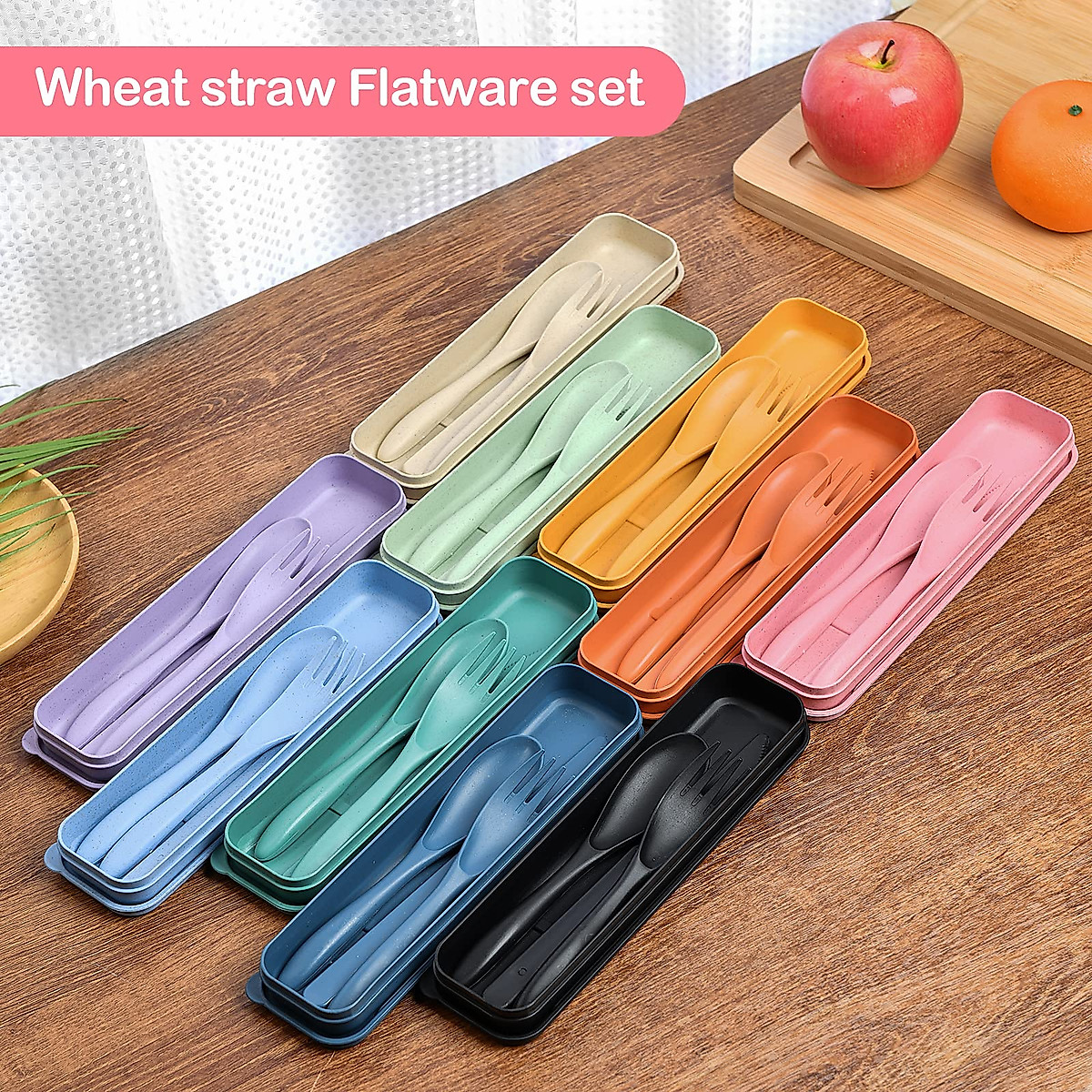 Reusable Travel Utensils Set with Case, 2 Sets Wheat Straw Portable Plastic Fork Spoons Knife Camping Cutlery, Eco-Friendly BPA Free Lunch Tableware for Kids Adults Travel Picnic Utensils