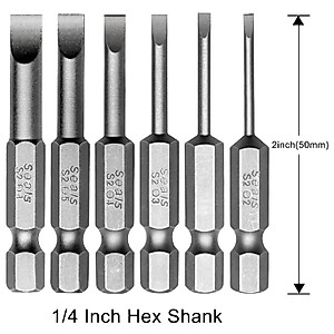 Toolcool 6 Pcs Slotted Screwdriver Bit Set Magnetic Flat Head Bits 2.0-6.0mm S2 Alloy Steel 1/4 Inch Hex Shank 2 Inch long
