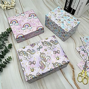 Dtiafu Unicorn Wrapping Paper - 12 Sheets Birthday Wrapping Paper for Girls Kids - Unicorn Princess Rainbow Mermaid Scale Gift Wrap in Pink Purple - 20 X 28inch Per Sheet