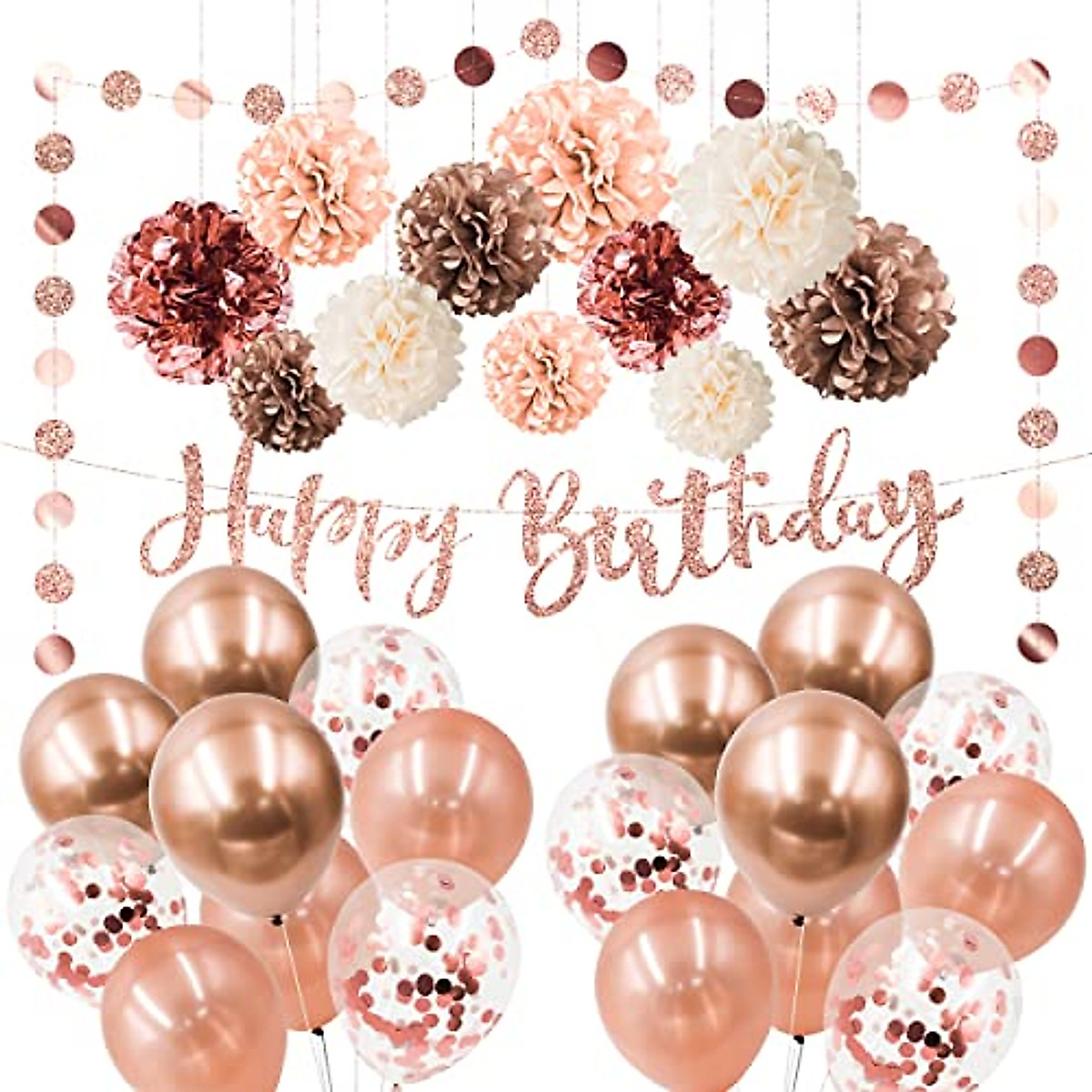 Rose Gold Party Decorations Set 30 Piece Party Supplies with Balloons, Paper Pom Poms, Paper Garland for Wedding, Bridal, and Baby Shower, Birthday Party