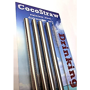 4 Stainless Steel Wide Smoothie Straws - CocoStraw Large Straight Frozen Drink Straw - 4 Pack + Cleaning Brush (4)