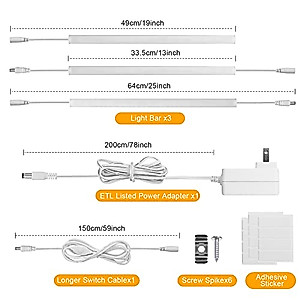 yotutun Under Counter Lights for Kitchen 3Pack Dimmable Under Cabinet Light, 13Inch 10W Closet Lights with Memory Function, Bright LED Cabinet Lights for Kitchen,Shelf,Desk,Workspace (3 Pack)