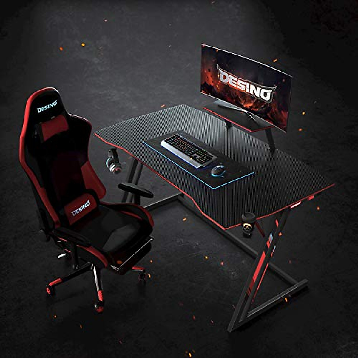 DESINO Gaming Desk 55 inch PC Computer Desk, Home Office Desk Gaming Table Z Shaped Gamer Workstation with Cup Holder and Headphone Hook, Black