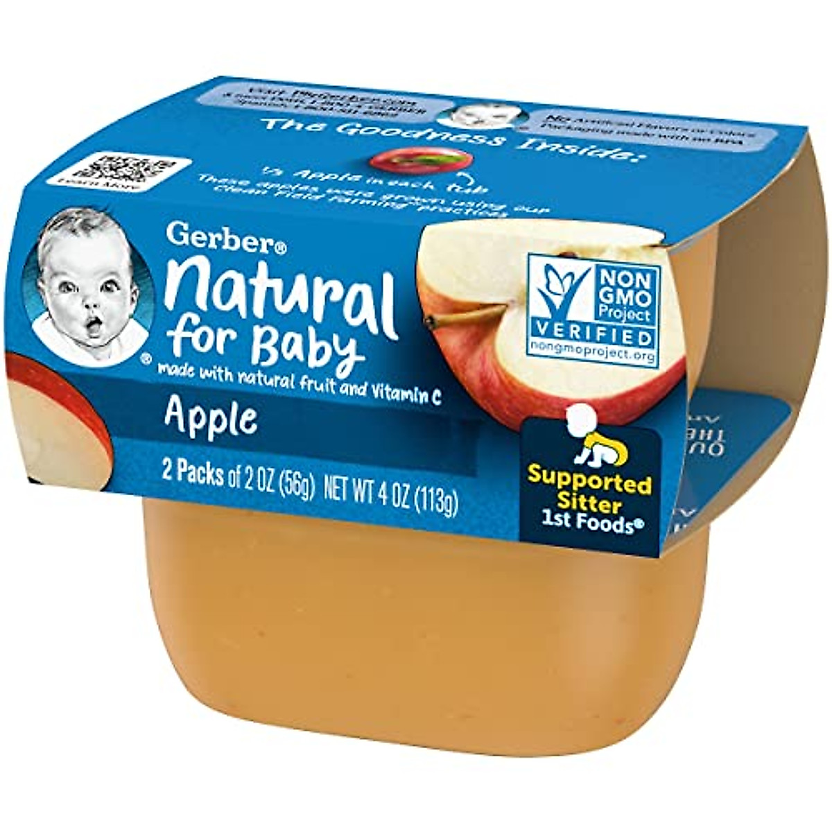 Gerber Natural for Baby 1st Foods Baby Food Tubs, Apple, Made with Natural Fruit & Vitamin C, Non-GMO Pureed Baby Food, 2 - 2 Ounce Tubs/Pack (Pack of 8)