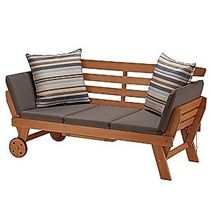 National Outdoor Living Eucalyptus Wood Patio Daybed with Chocolate Brown Cushions and Striped Accent Pillows