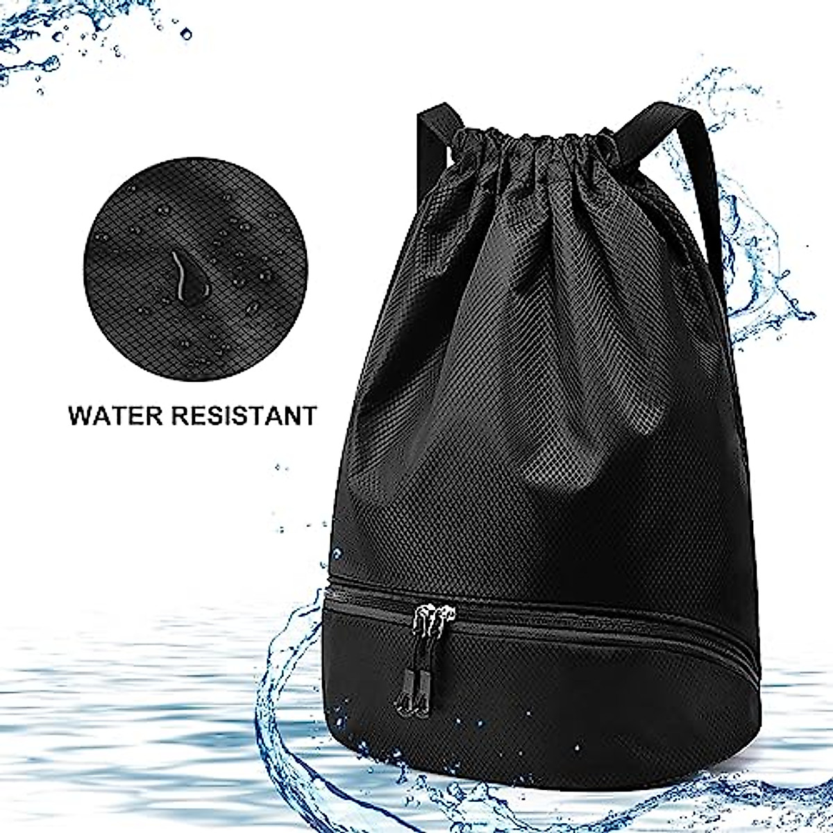 Qoosea Drawstring Backpack Sports Gym Bag with Shoe Compartment Water Resistant Drawstring Sackpack for Women Men (Black)