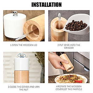 Salt and Pepper Grinder Set | Wooden Salt Grinder Shakers with Adjustable Ceramic Core | Manual Salt and Pepper Mill Refillable for Spice/Sea Salt/Chili/Peppercorn | Pack of 2 (White + Black)