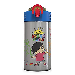 Zak Designs Ryan's World Ryan and friends 15.5 ounce Water Bottle BPA Free with One Hand Operation Action Lid and Built-in Carrying Loop, with Straw is Perfect for Kids