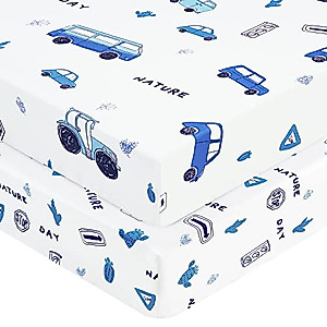 PHF Soft Car Crib Sheet Fitted, 2 Pack Silky Comfy Breathable Baby Sheets for Boys Girls，28x52x9in Fits Standard Crib and Toddler Mattresses, Cars