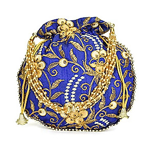 Ekavya Indian Drawstring Purse Bag Pouch Potli For Gift Jewelry Gifts Wedding Faux Pearls Strings Drawstring Bag for Women. Purse for Women (Blue)