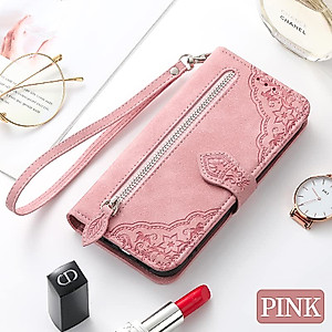 HUANGTAOLI PU Leather Handbag Cover Case for Oppo Reno4 Z 5G, Magnet Closure Zipper Wallet Case for Oppo Reno4 Z 5G Pink