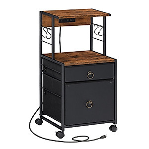 HOOBRO 2-Drawer File Cabinet, Filing Cabinet with Charging Station, Vertical Office Cabinet with Open Storage Shelf, Printer Stand, A4/Letter Size, Nonwovens Drawer, Rustic Brown and Black BFK23UWJ01