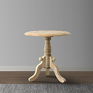 Homxi End Table 18" L x 18" W x 18" H,Intricately Carved Round Top Mango Wood Side End Table with Pedestal Base, Brown and White End Table for Living Room