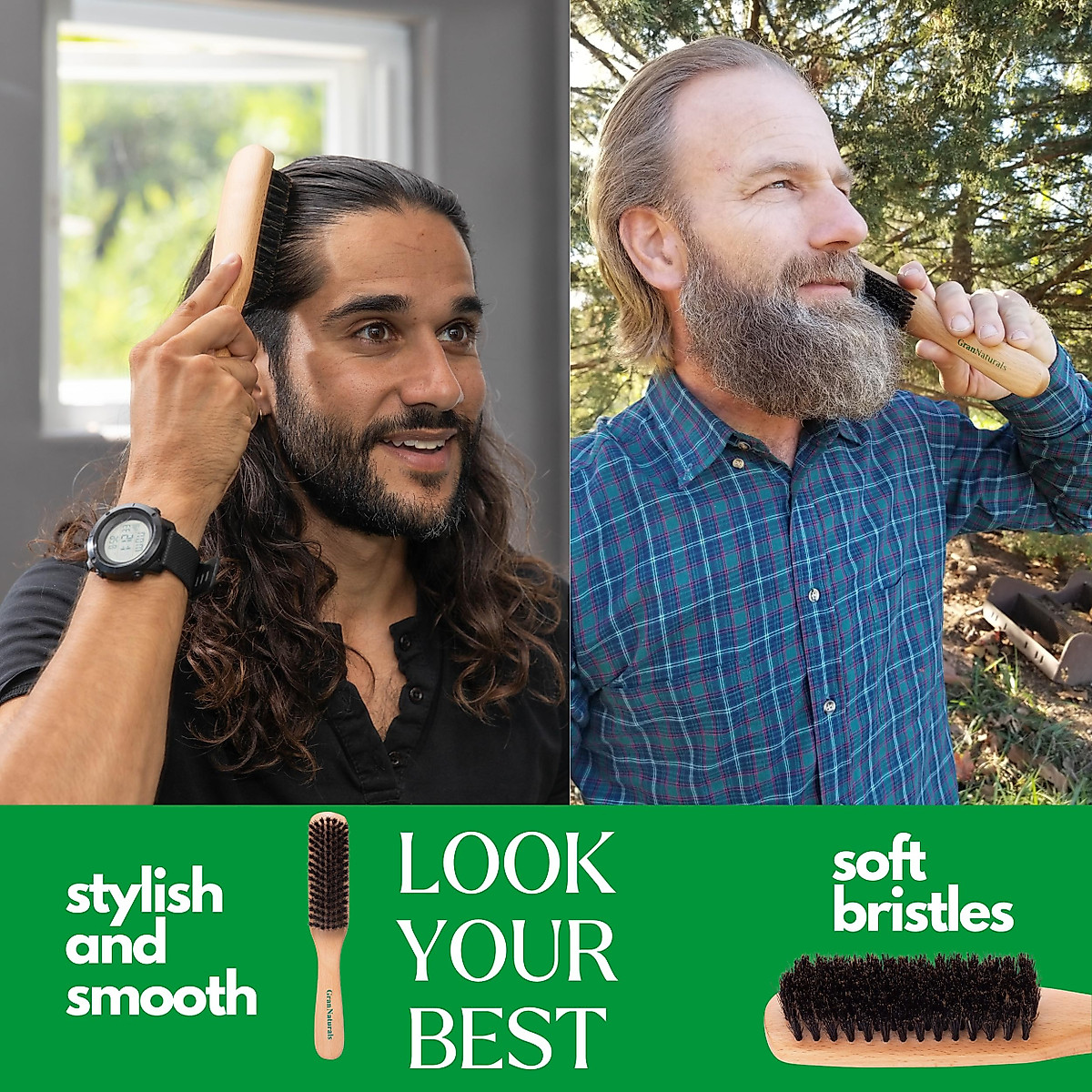 GranNaturals Boar Bristle Slick Back Hair Brush - Soft/Medium Smoothing Hairbrush to Style, Polish, & Lay Hair Down Flat to Create a Sleek Frizz Free Hairstyle for Women and Men - Wooden Handle