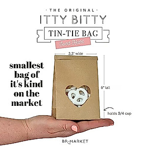 BR Market Kraft Paper Treat Bags - Extra Small with Heart Window, 50 Pcs, 3.3 x 5.5 x 2 Inch, Tin Tie Tab Lock, Brown Window, Perfect for Cookies, Coffee, Weddings