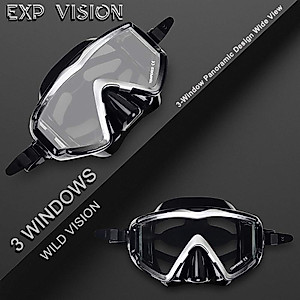 Adult Pano 3 Window Scuba Diving Mask, Tempered Glass Snorkel Mask Anti-Fog Swim Mask No Leakage Swim Goggles with Nose Cover Snorkeling Gear for Snorkeling, Freediving, Swimming (Black)
