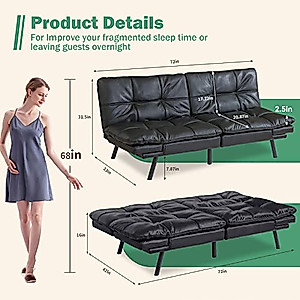 Vyfipt Futon Bed/Couch,Black Faux Leather Memory Foam Small Splitback Convert Backrests&Armrests,Easy to Clean Sofas, 71x33x31.5IN