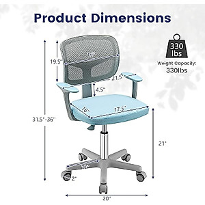 LDAILY Kids Desk Chair, Adjustable Height Computer Chair with Wheels, Armrest, Y-Shaped Lumbar Support, Soft Cushion, 360°Swivel Small Office Chair for Girls Boys Student Aged 4-12 (Blue)