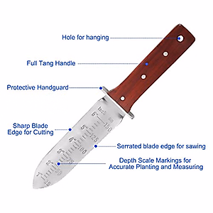 Hori Hori Garden Soil Knife Heavy Duty Weeding, Digging and Gardening Tools with 7 inch Double Edge Sharp Japanese Blade Leather Sheath, Full Tang Wood Handle Manual Sod Cutter