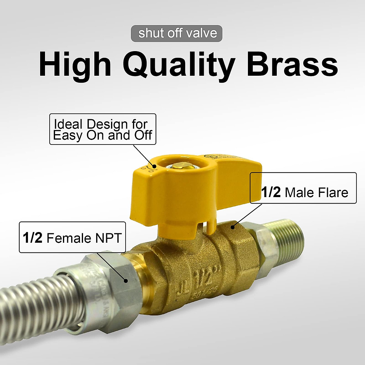 TT FLEX One Stop Gas Appliance Hook Up Kit, 22" Stainless Steel Flexible Gas Connector with 1/2" Brass Gas Shut off Valve and Fittings for Gas Log, Stove, Garage Heater, Dryer, Fireplace, 6-Piece