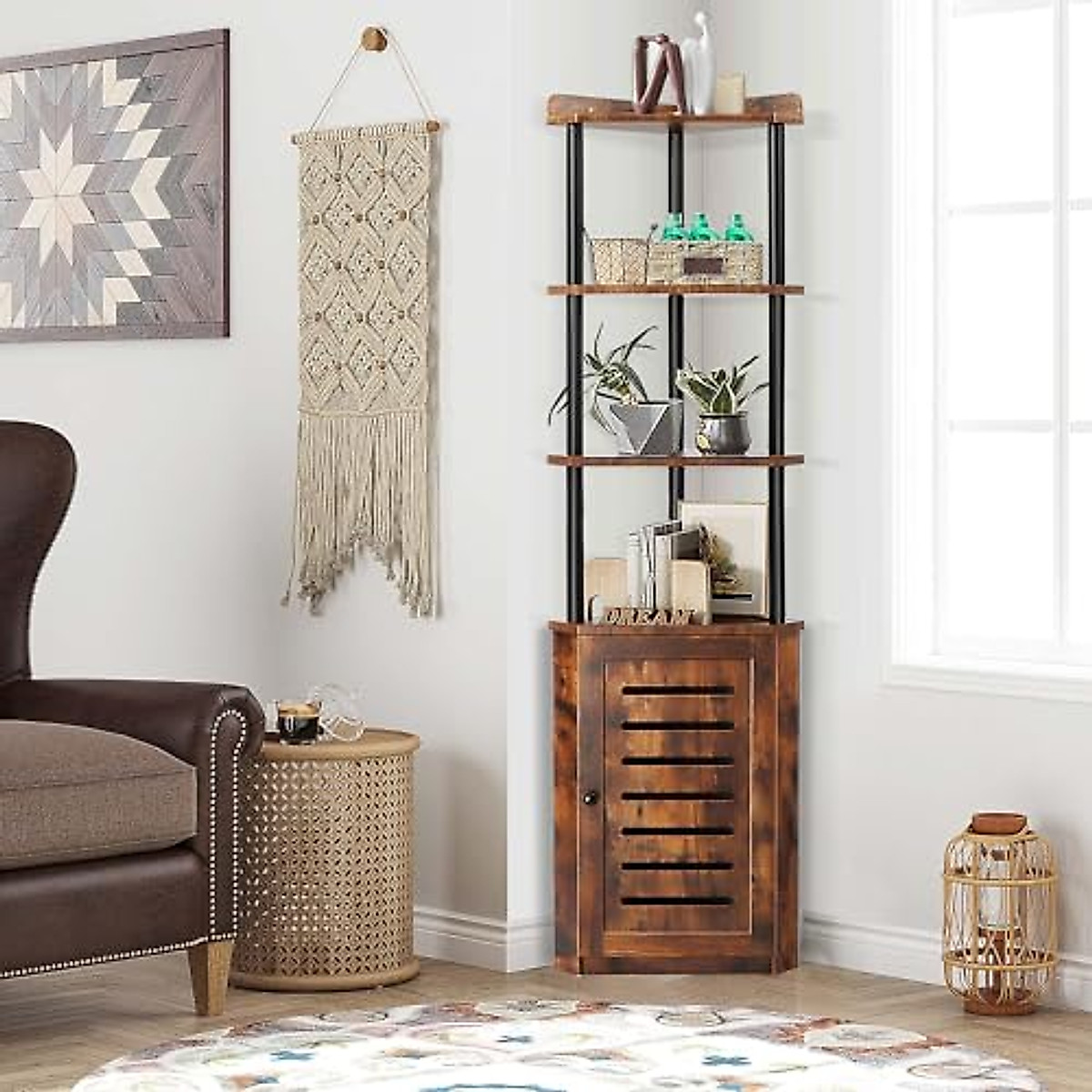 Timberer 6-Tier Corner Shelf with Storage, Corner Bookshelf, 74.2" Tall Corner Stand Display Storage Rack for Living Room, Home Office, Kitchen, Bar, Small Space, Rustic Brown and Black