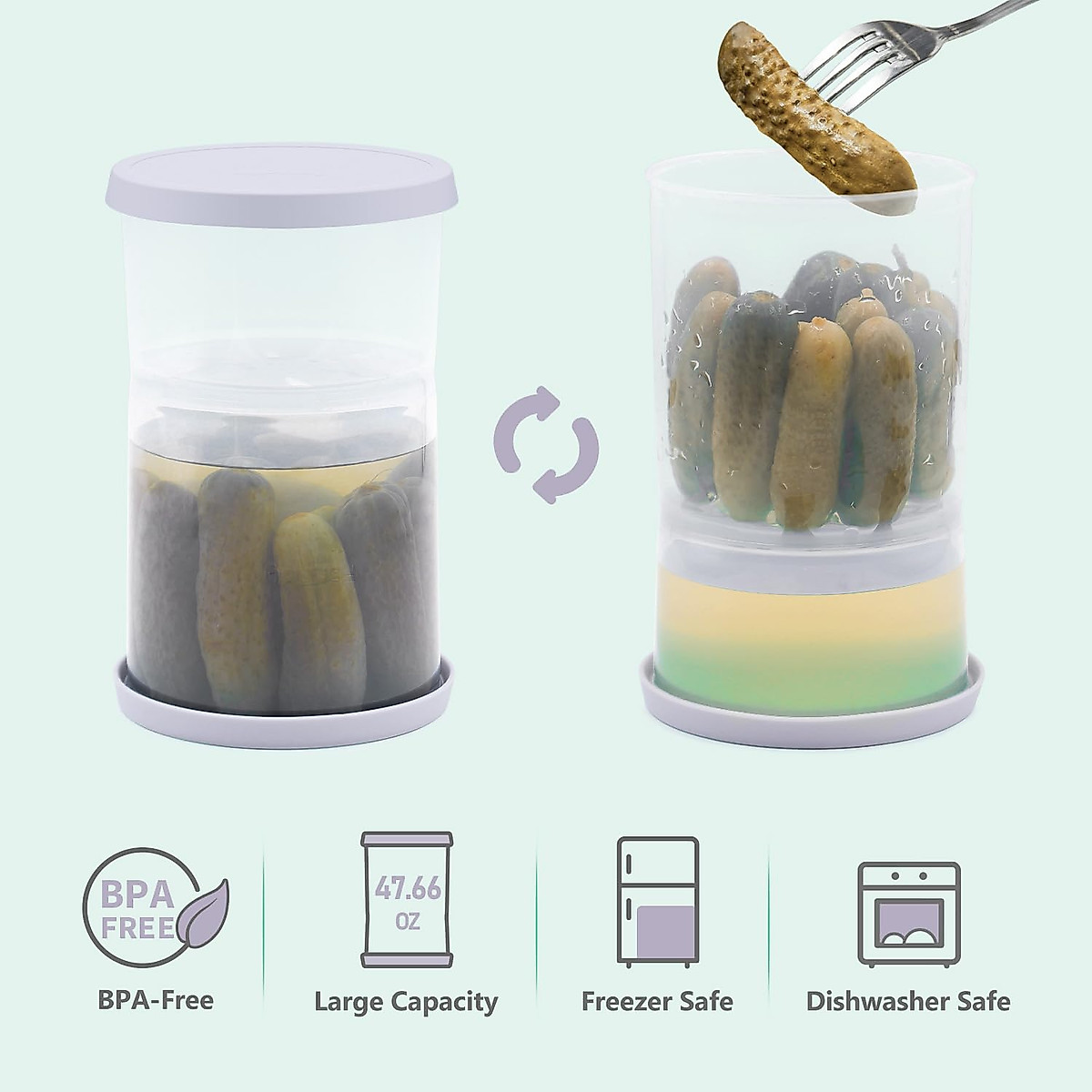 ForTidy Pickle Container with Strainer Flip and Label - 47 oz Airtight Olive Jar, BPA-Free, Dishwasher Safe, Goodbye Juice Finger, Kitchen Organization Must-Have Versatile Food Saver (Grayish White)