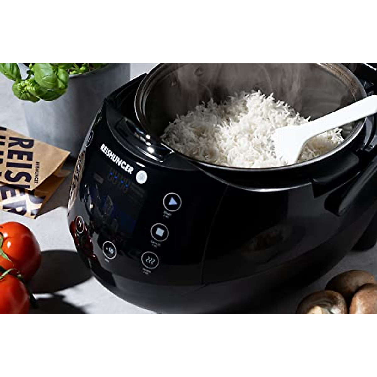 Reishunger Digital Rice Cooker and Steamer, Black, Timer - 8 Cups - Premium Inner Pot, Multi Cooker with 12 Programs & 7-Phase Technology for Brown Rice, Soups, Grains, Oatmeal & more - 1-8 People