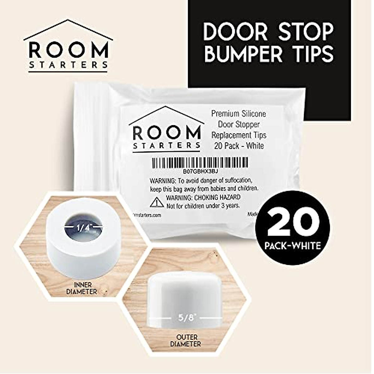 Door Stop Bumper Tips - 20 Pack White Silicone Rubber Replacement Stopper Ends with Universal Fit by ROOM STARTERS