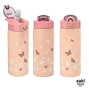 Zak Designs Water Bottle for Travel and At Home, 19 oz Vacuum Insulated Stainless Steel with Locking Spout Cover, Built-In Carrying Loop, Leak-Proof Design (Daisies)