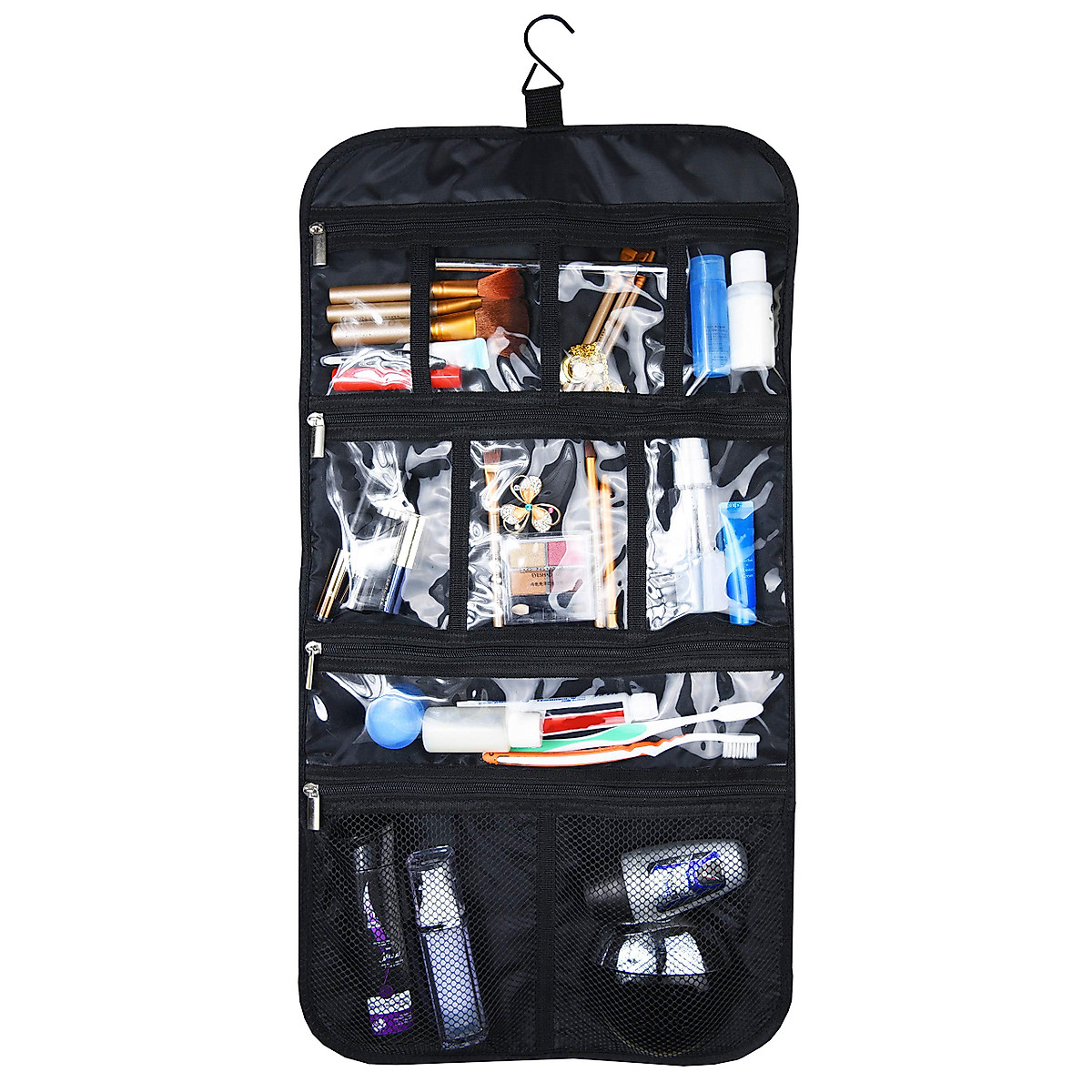 Freegrace Premium Hanging Toiletry Travel Bag - Cosmetic, Jewelry, Toiletry & Accessory Storage Organizer Bag, Large Size, Various Compartments (Black)