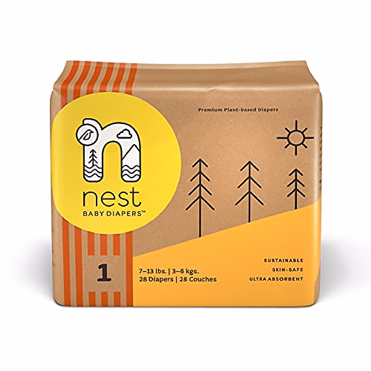 Nest Baby Diapers, Size 1, 7-13 lbs. (28 Count) Disposable Premium Diapers for Newborn Babies, Gentle Plant-Based Materials, Fragrance-Free
