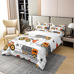 Excavators 100% Natural Cotton Duvet Cover Queen Size Tractor and Truck Comforter Cover with 2 Pillowcases Machinery Cars Construction Vehicle Bedding Set 3 Pcs Bed Cover