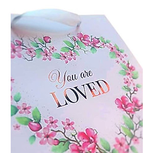 Gift Bag Set You are loved, Medium 9.4" Gift Bag With Tissue Paper, Romantic Card, And Ribbon Handles (Pink, Floral Heart, Love), Valentine's Day, Mothers Day