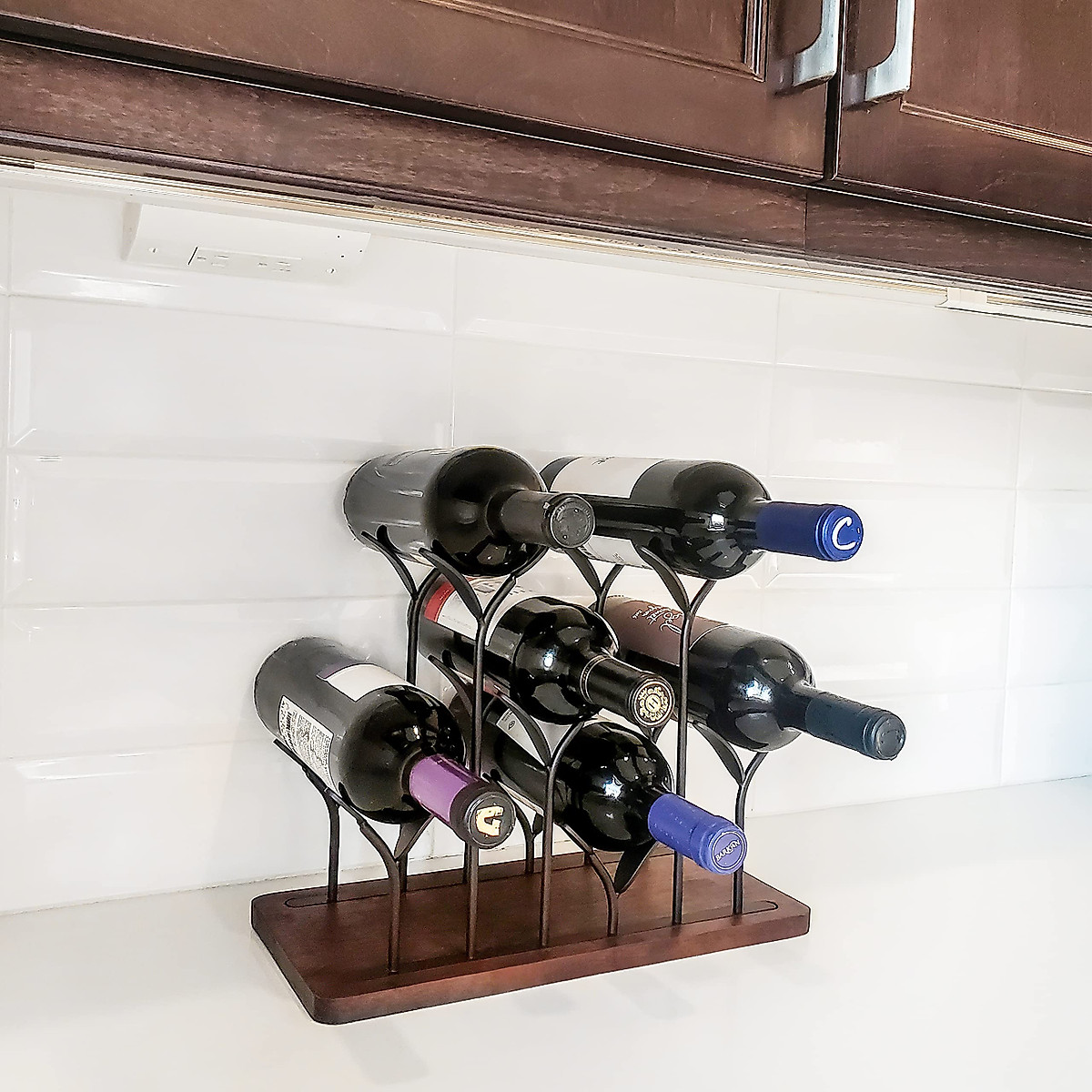 Kovot Tabletop Bottle Rack, 6 Wine Bottle Holder, Dark Brown Wood Base with Black Iron Branches, Countertop Home Decor Kitchen Storage Rack, Bar, Cellar, Cabinet, Pantry