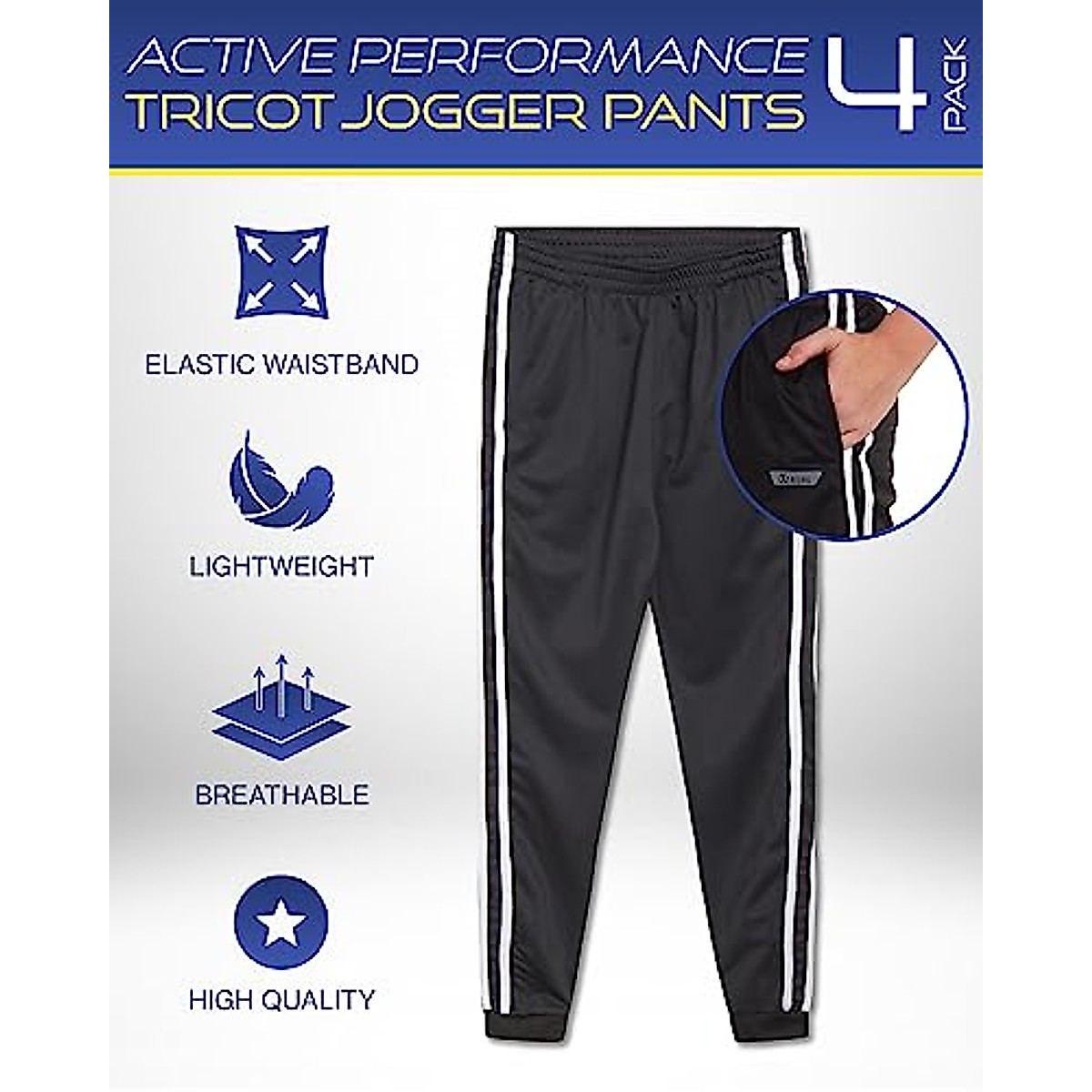 iXtreme Boys’ Sweatpants – 4 Pack Active Tricot Jogger Track Pants with Pockets – Performance Sweatpants for Boys (8-20), Size 10/12, Black/Dark Grey/Navy/Royal