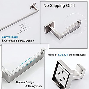 4-Piece Bathroom Hardware Set, Stainless Steel Wall Mounted Square Bathroom Accessories Kit, Include 16 Inch Hand Towel Bar, Toilet Paper Holder, Hand Towel Rack, Towel Hook(Brushed Nickel)