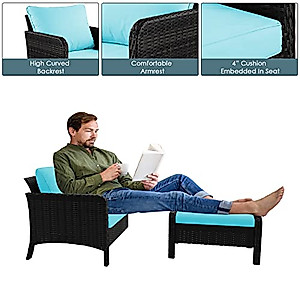 Increkid 5 Pieces Wicker Patio Furniture Set, Outdoor Rattan Conversation Chair Set w/Ottomans, Coffee Table, Cushions, Poolside Sectional Cushioned Sofa Set for Porch, Balcony, Lawn, Yard, Garden