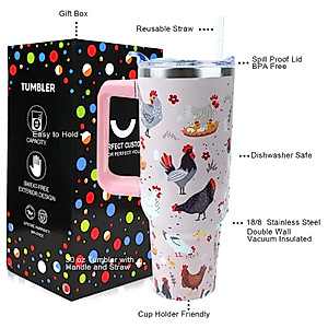 PERRIFIC 30 oz Tumbler with Handle and Straw Lid Leak Proof, Chicken and Rooster Design Coffee Travel Mug with Handle Insulated for Hot and Cold Drink Ice, Mother's Day Birthday Gifts for Women Mom